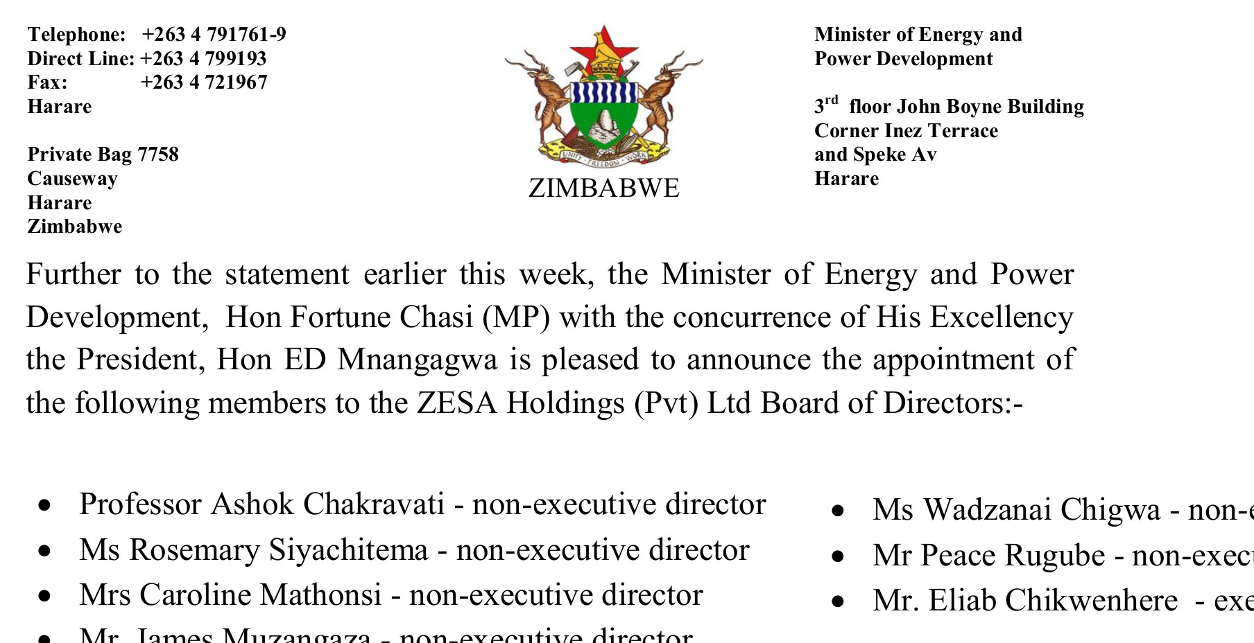 FULL LIST: News ZESA Board Appointed November 2019 ⋆ Pindula News